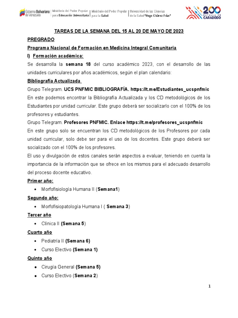 TAREAS DE LA SEMANA DEL 15 AL 20 Mayo2023 UCS | PDF | Venezuela ...