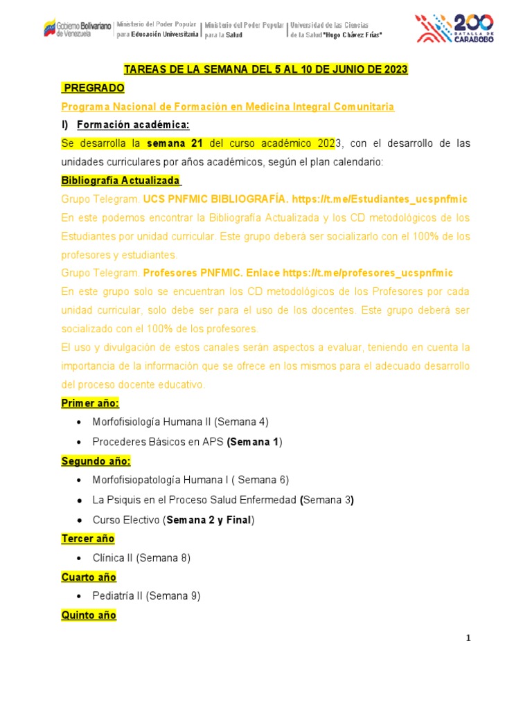 Tareas de La Semana Del 5 Al 10 de Junio 2023 Ucs | PDF | Venezuela ...