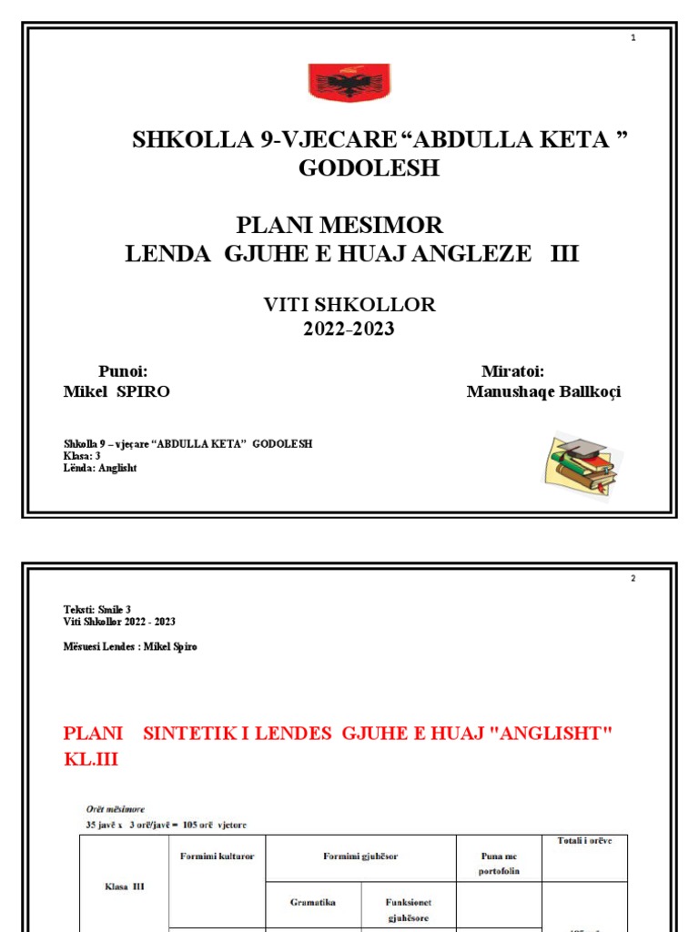 Plani Vjetor KL 3 2022-2023 | PDF | Vocabulary | Classroom