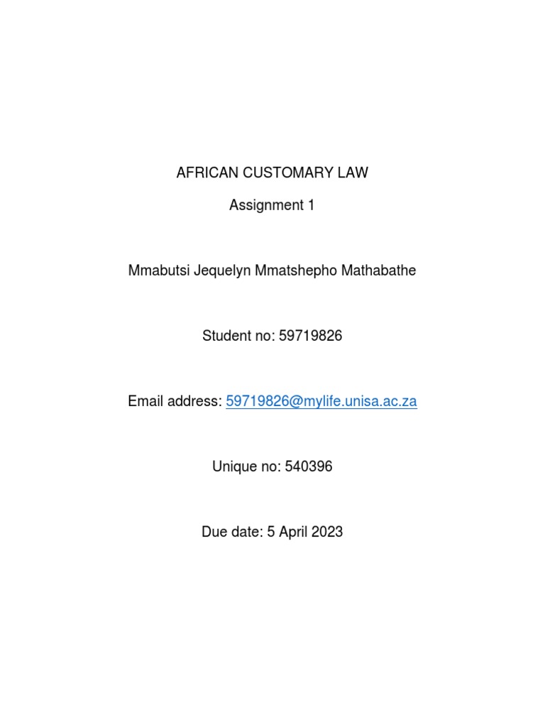 IND2601 Assignment 1- Succession, Recognition of Customary law | PDF ...