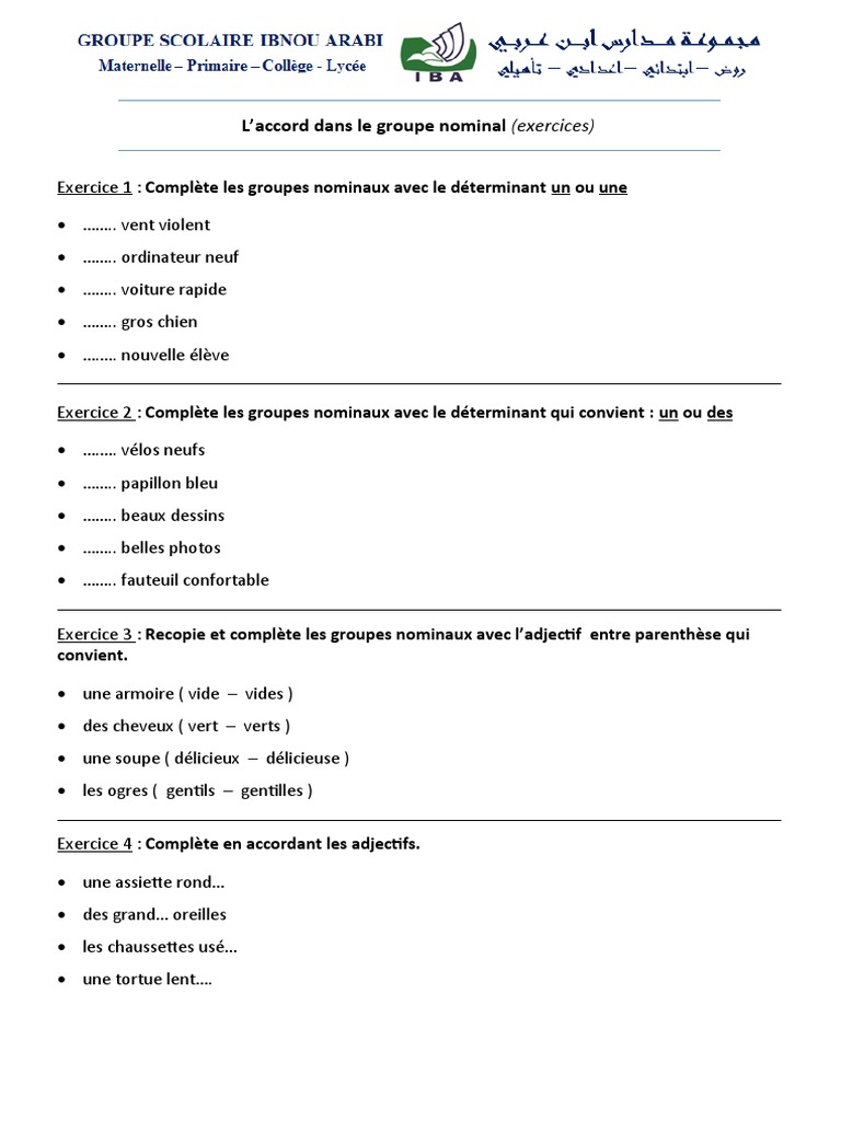 Exercices sur l'accord du groupe nominal | PDF