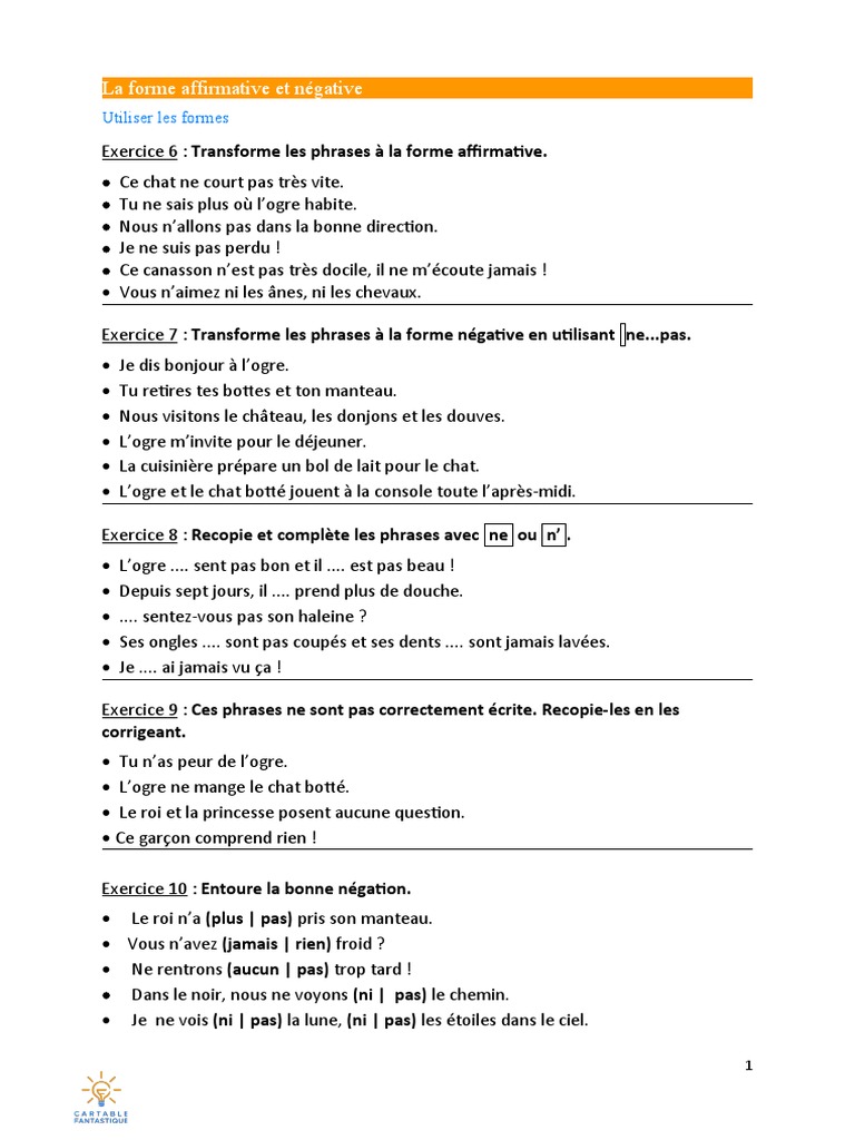 Exercices sur formes affirmatives et négatives | PDF