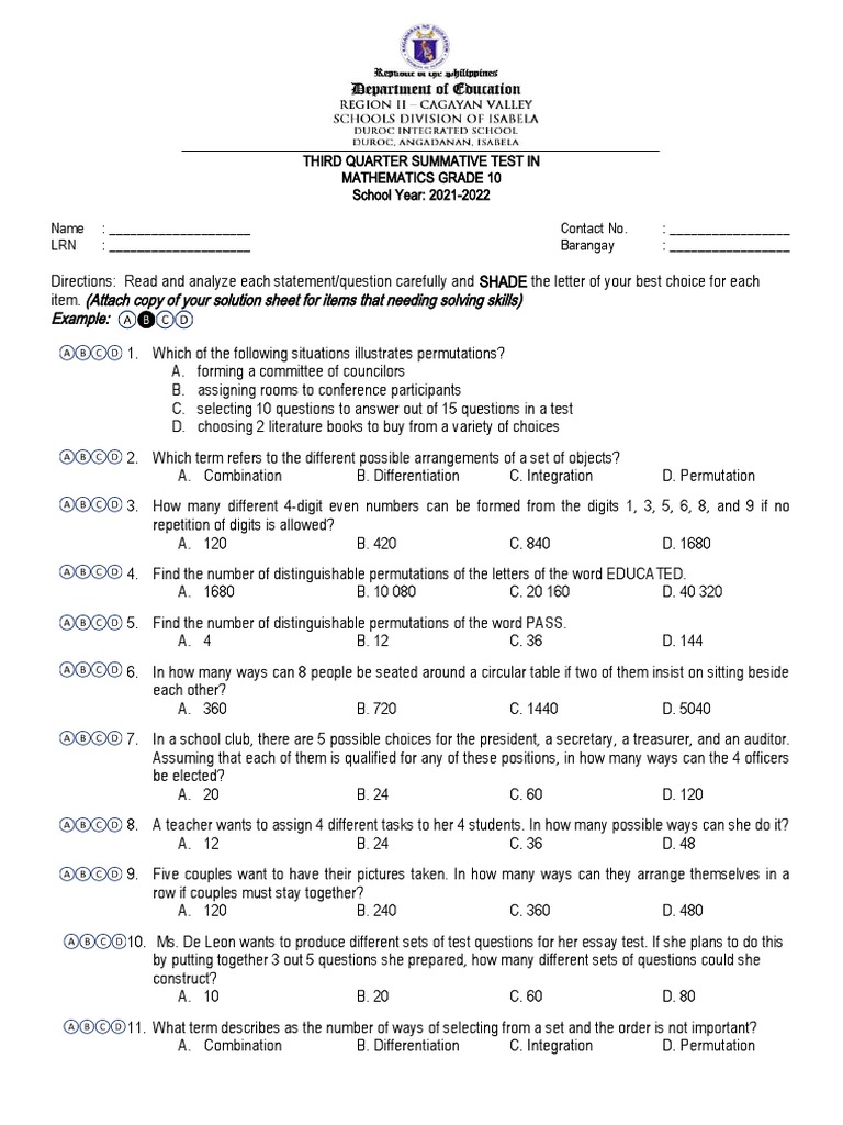 Grade 10 Math Test Analysis | PDF | Permutation | Mathematics