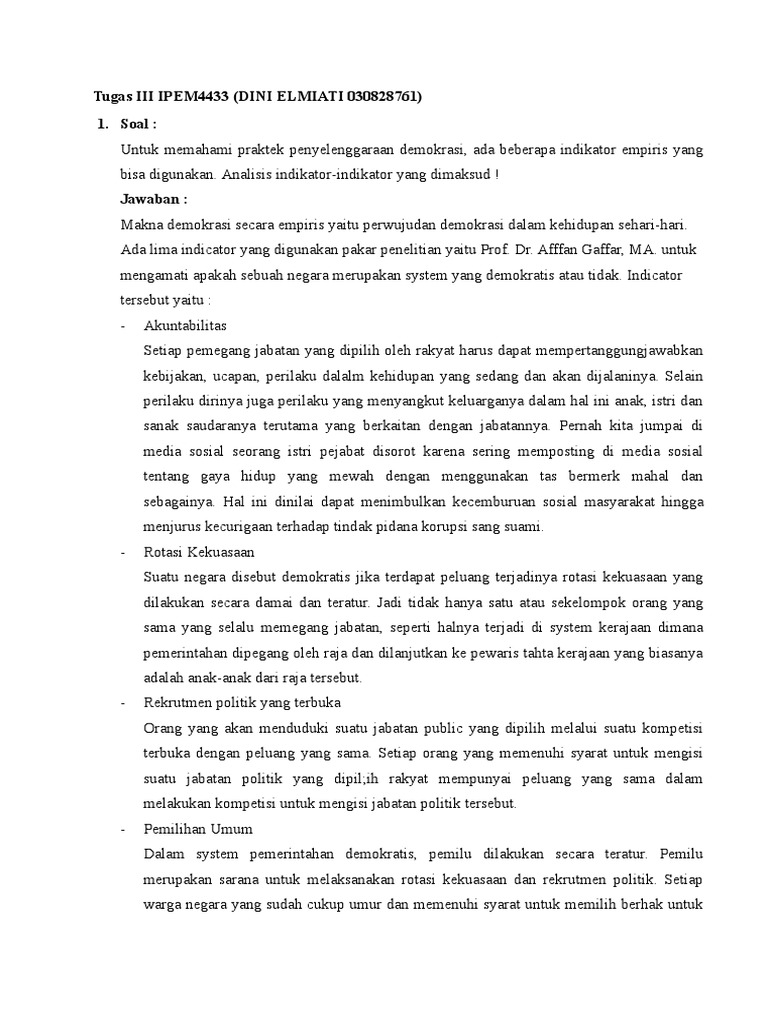 Tugas III IPEM 4433 Pembangunan Pemerintahan (DINI ELMIATI) | PDF | Politik