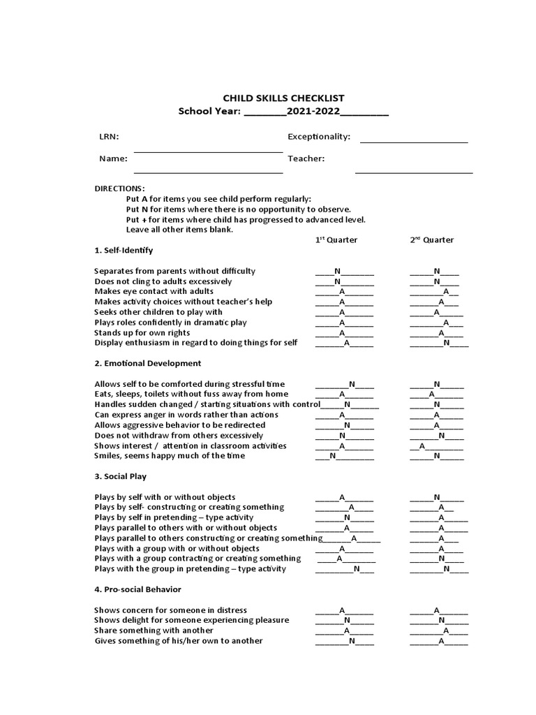 Child Skills Checklist | PDF | Phonics | Reading Comprehension