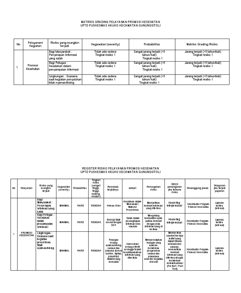 Matriks Grading Dan Register Resiko Pelayanan Promosi Kesehatan | PDF