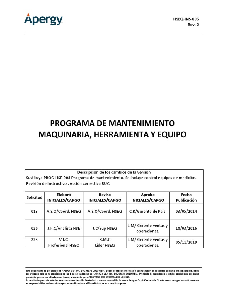 Programa de Mantenimiento de Equipos HSEQ | PDF | Herramientas ...