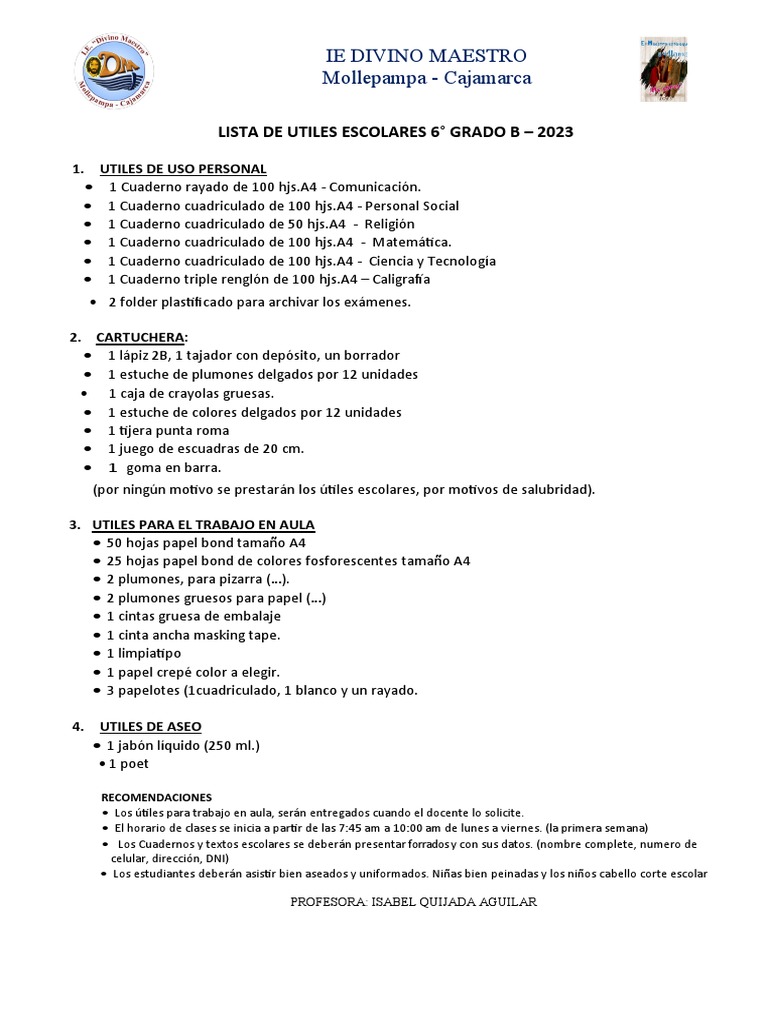 Lista de Utiles Escolares 2023 | PDF