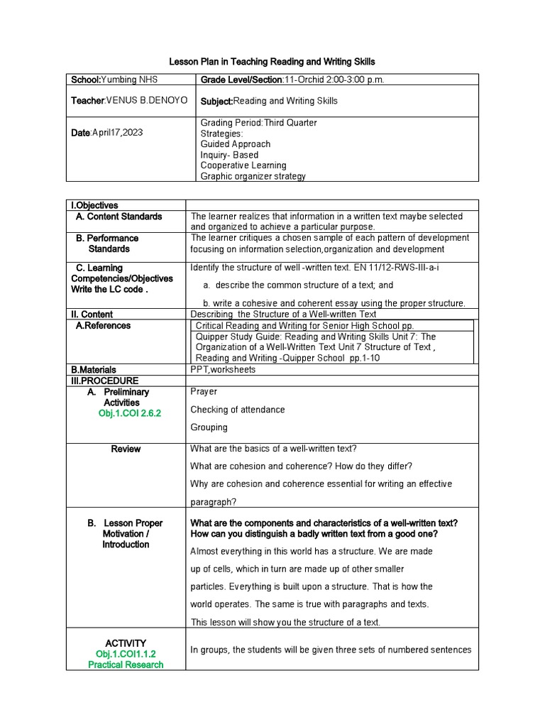 ALesson Plan in Teaching Reading and Writing Skills | PDF | Lesson Plan ...