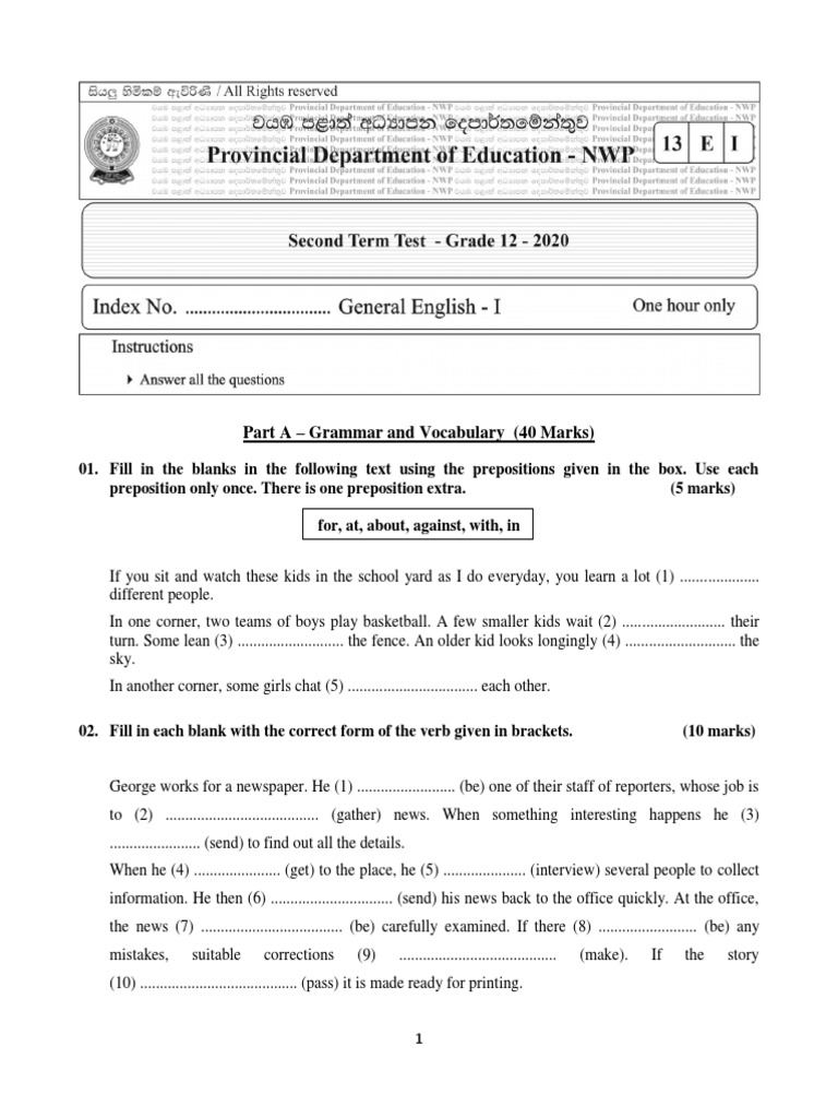 Grade 12 General English 2nd Term Test Paper With Answers 2020 North ...