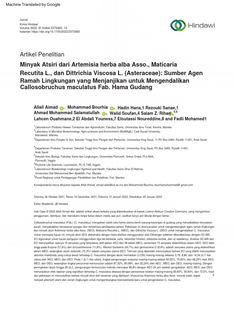 Artikel Penelitian: Jurnal Kimia Hindawi Volume 2022, ID Artikel 2373460, 14 | PDF