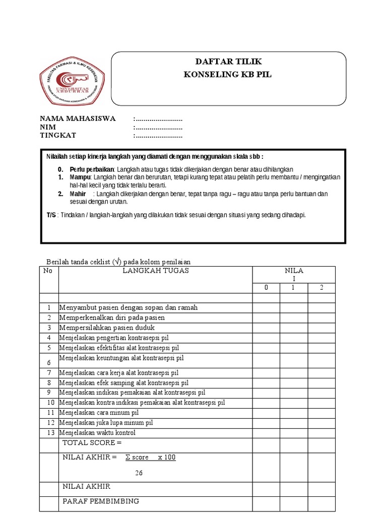 Daftar Tilik OSCE KB Pil-1 | PDF