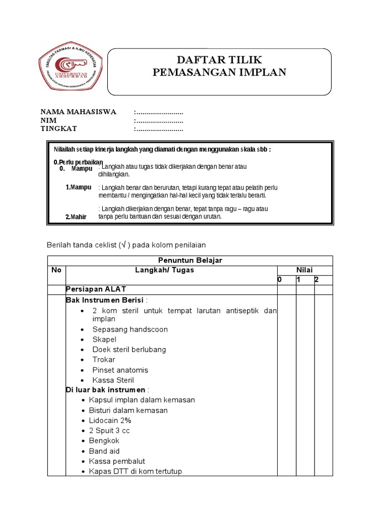 Daftar Tilik OSCE Pemasangan Dan Pencabutan Implan-1 | PDF