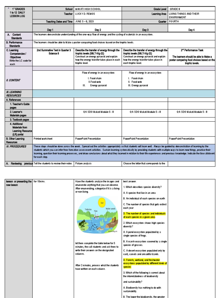 Grade 8 Ecosystem Lesson Plan | PDF | Food Web | Nature