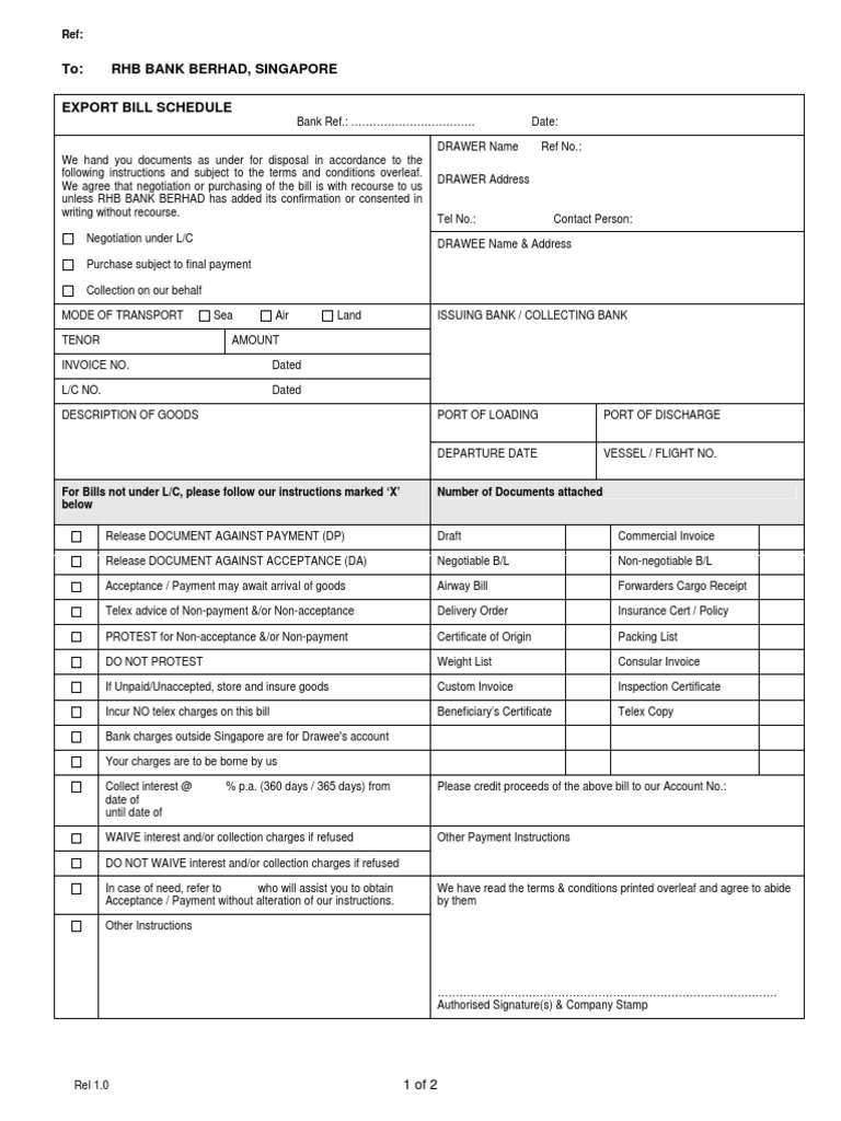 Business Export Bill Schedule Form | PDF | Banks | Indemnity