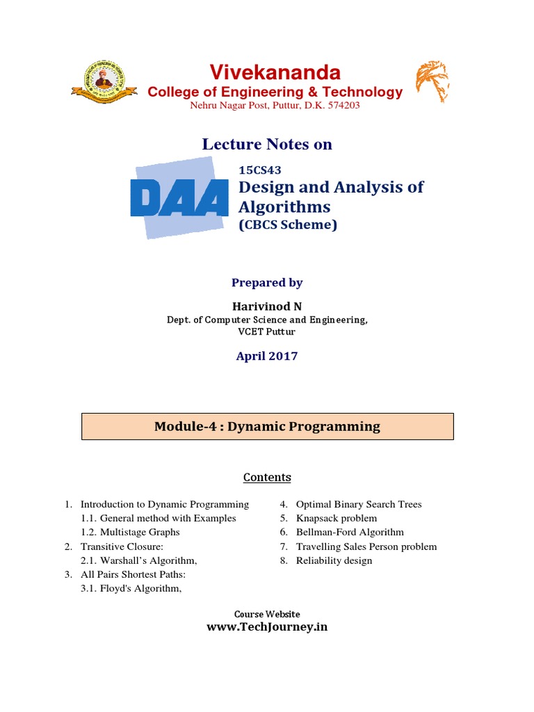 DAA Notes-VCET (Module 4) | PDF | Dynamic Programming | Computer ...