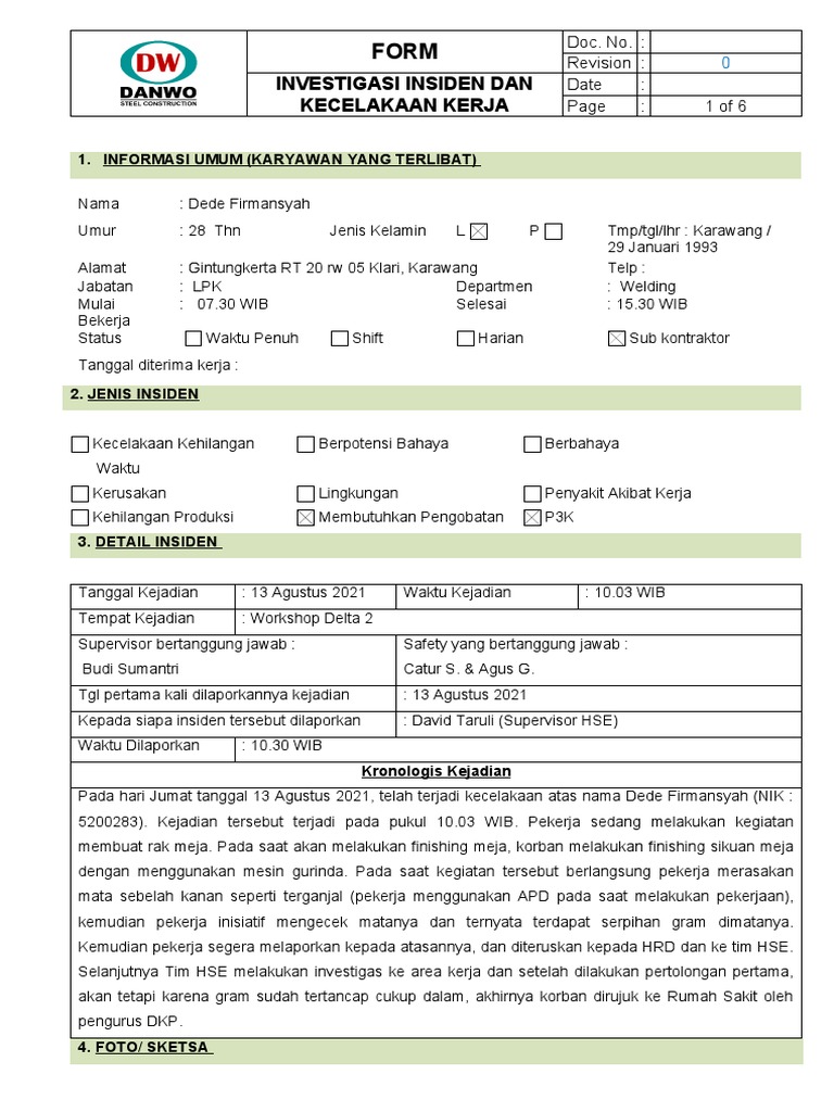 Form Investigasi Insiden Dan Kecelakaan Kerja | PDF