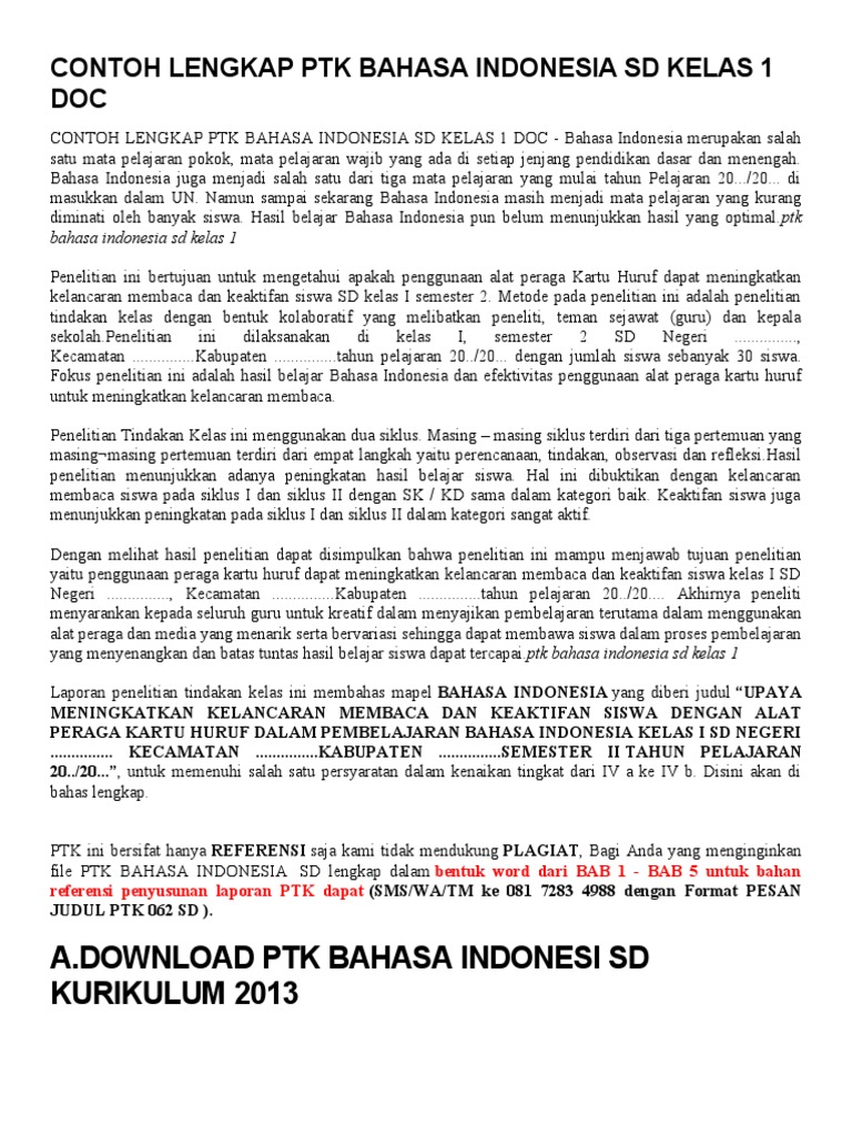 Contoh Lengkap PTK Bahasa Indonesia SD Kelas 1 | PDF