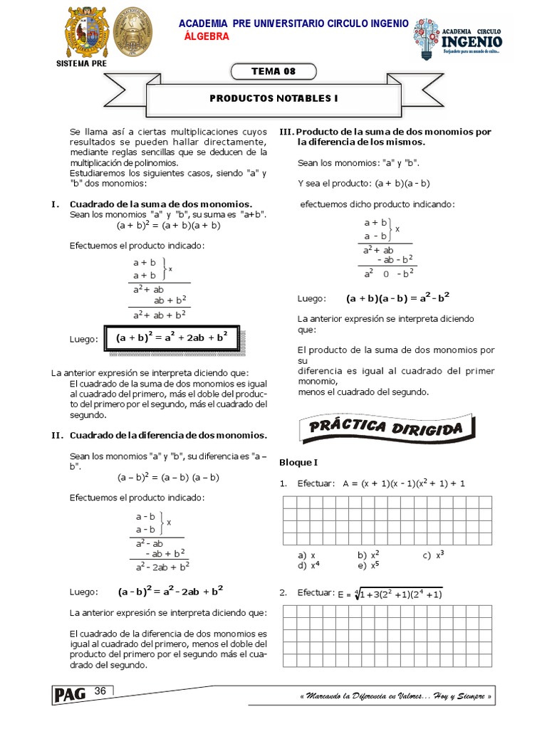 Algebra Productos Notables I Mayo - S2 | PDF | Multiplicación ...