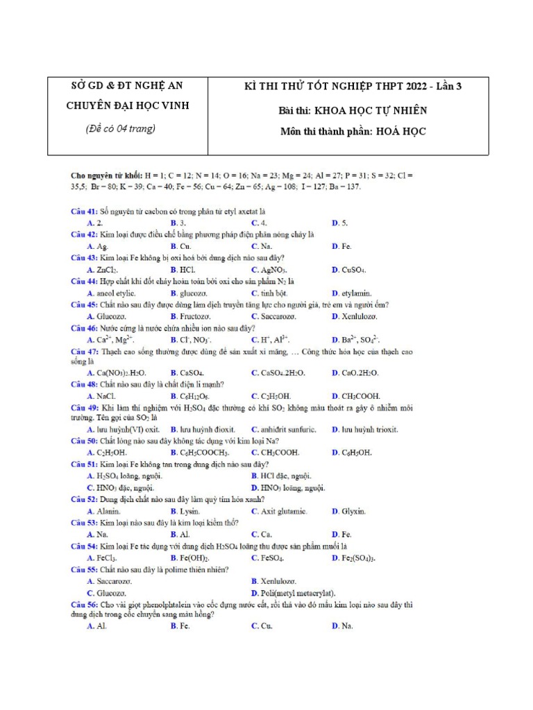 De Thi Thu THPT Quoc Gia 2022 Mon Hoa Chuyen Dai Hoc Vinh Lan 3 | PDF