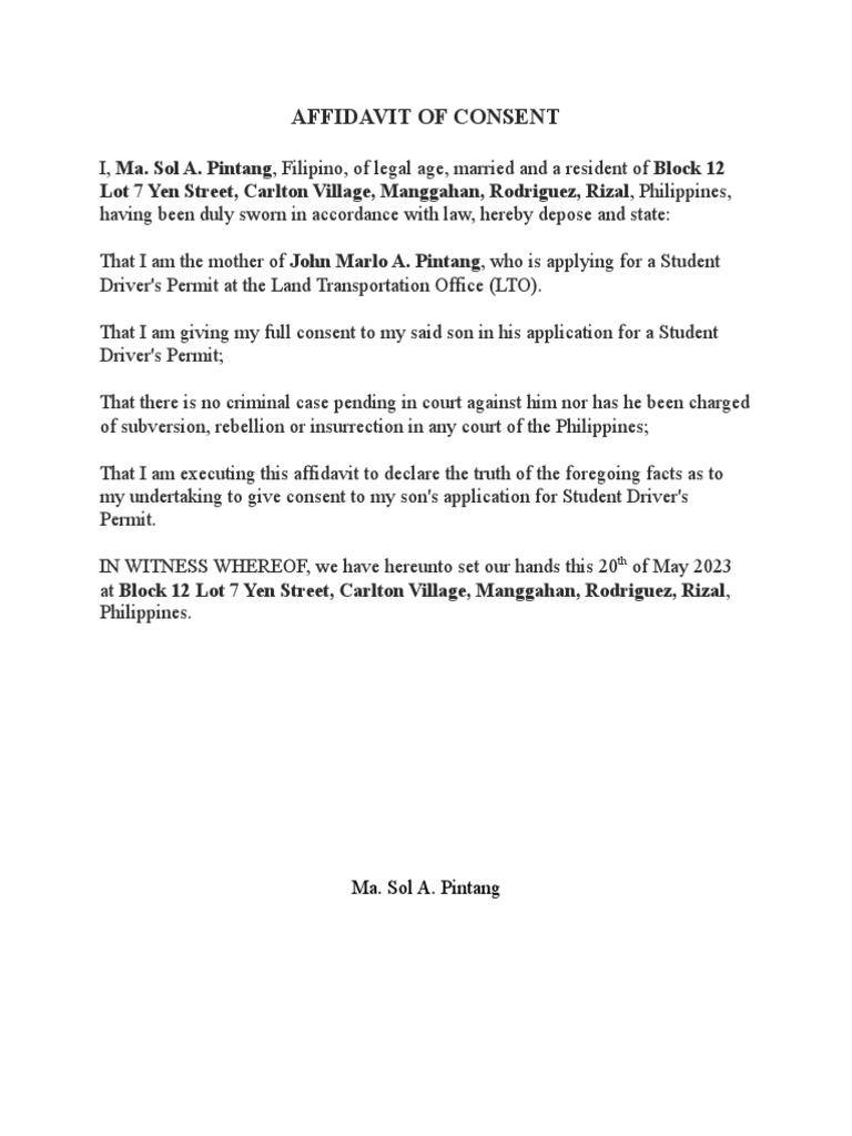 Affidavit of Parental Consent For Child To Apply For Student Drivers ...