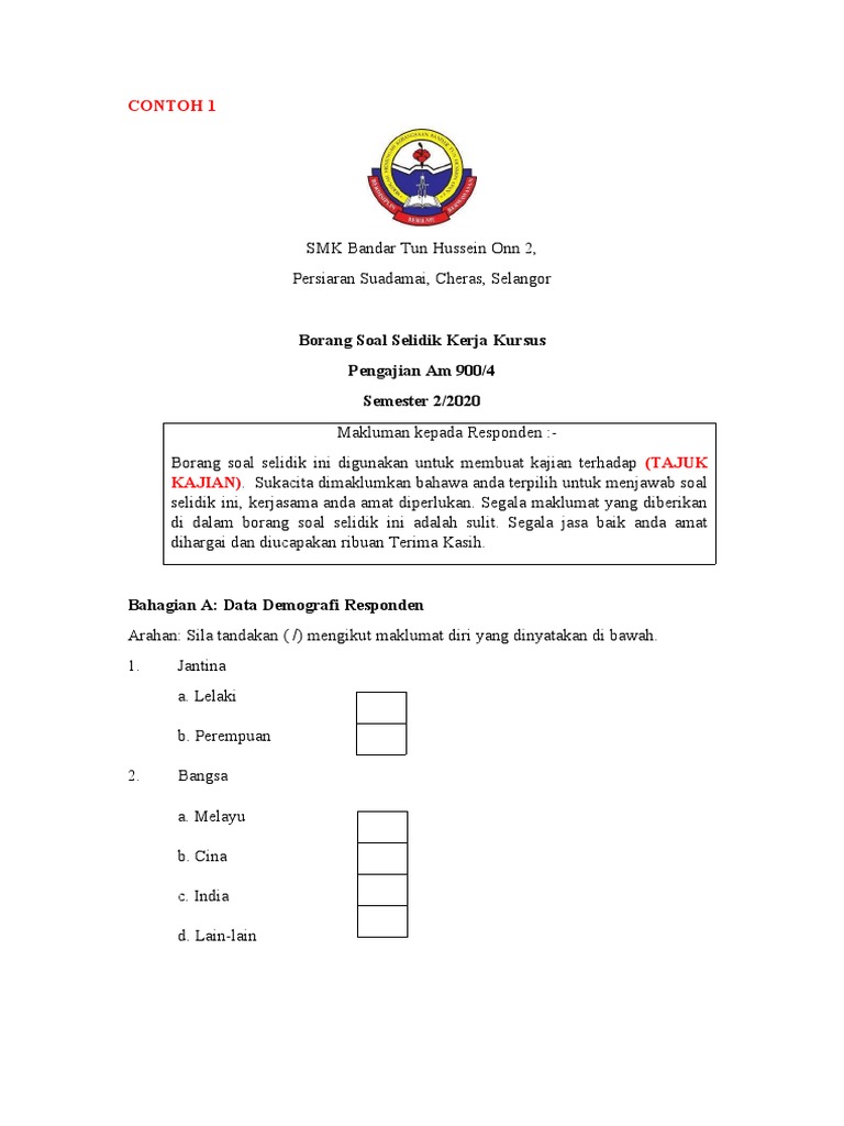 CONTOH 1 BORANG SOAL SELIDIK KK | PDF