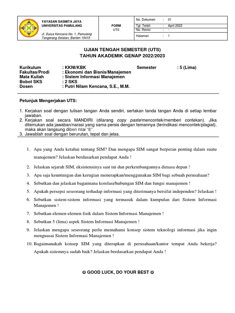 Soal UTS Sistem Informasi Manajemen | PDF | Karier & Perkembangan