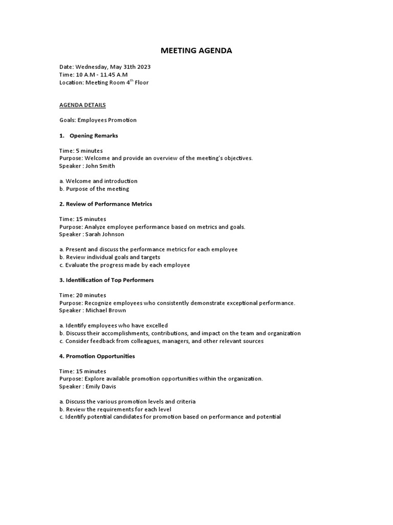 MEETING AGENDA - Employee Promotion | PDF | Performance Indicator | Goal