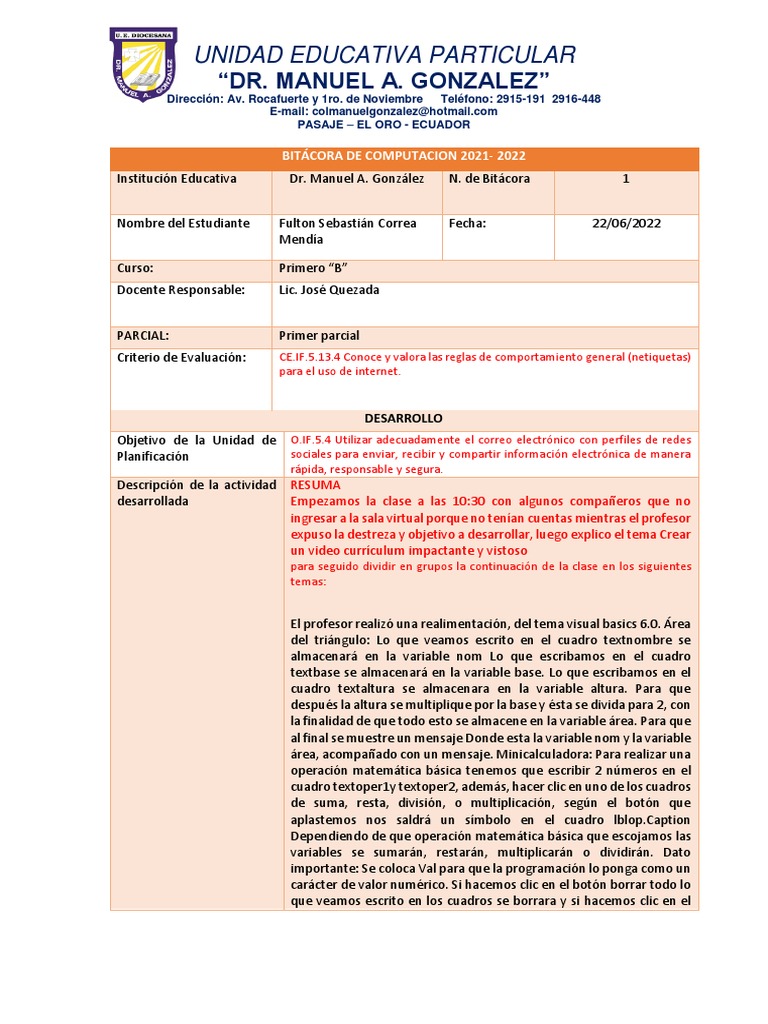 3B, Correa Fulton BITÁCORA 1, Programacion | PDF | Informática