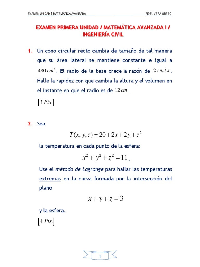 Examen Primera Unidad - Matematica Avanzada I | PDF | Matemáticas | Geometría