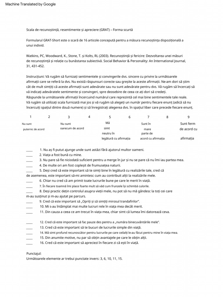 Gratitude Resentment and Appreciation Scale-1 | PDF