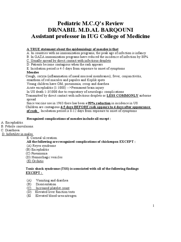 Pediatric MCQs on Measles and Emergencies | PDF | Science & Mathematics