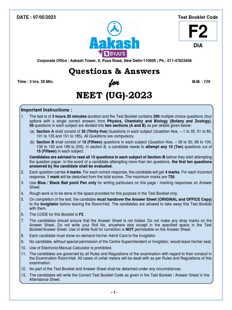 Qs Ans NEET-2023 (Code-F2) Final | PDF | Intermolecular Force | Capacitor Qs Ans NEET-2023 (Code-F2) Final | PDF | Intermolecular Force | Capacitor