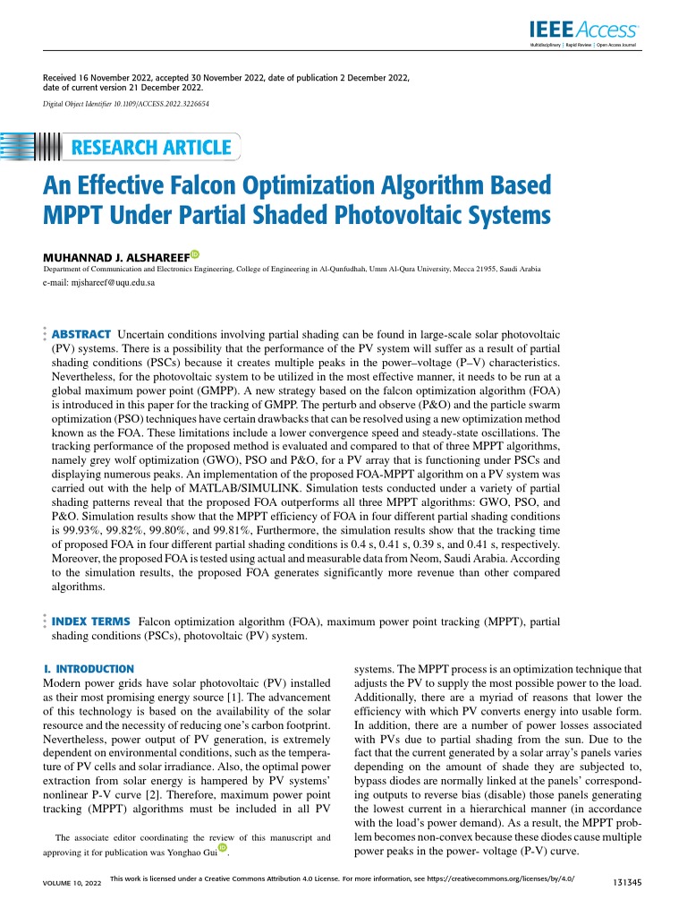 An Effective Falcon Optimization Algorithm Based MPPT Under Partial ...