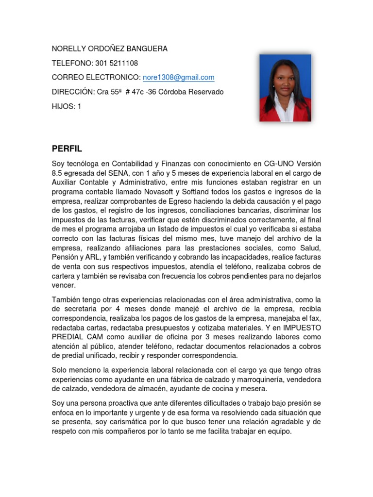 Perfil Profesional de Norely Ordoñez | PDF