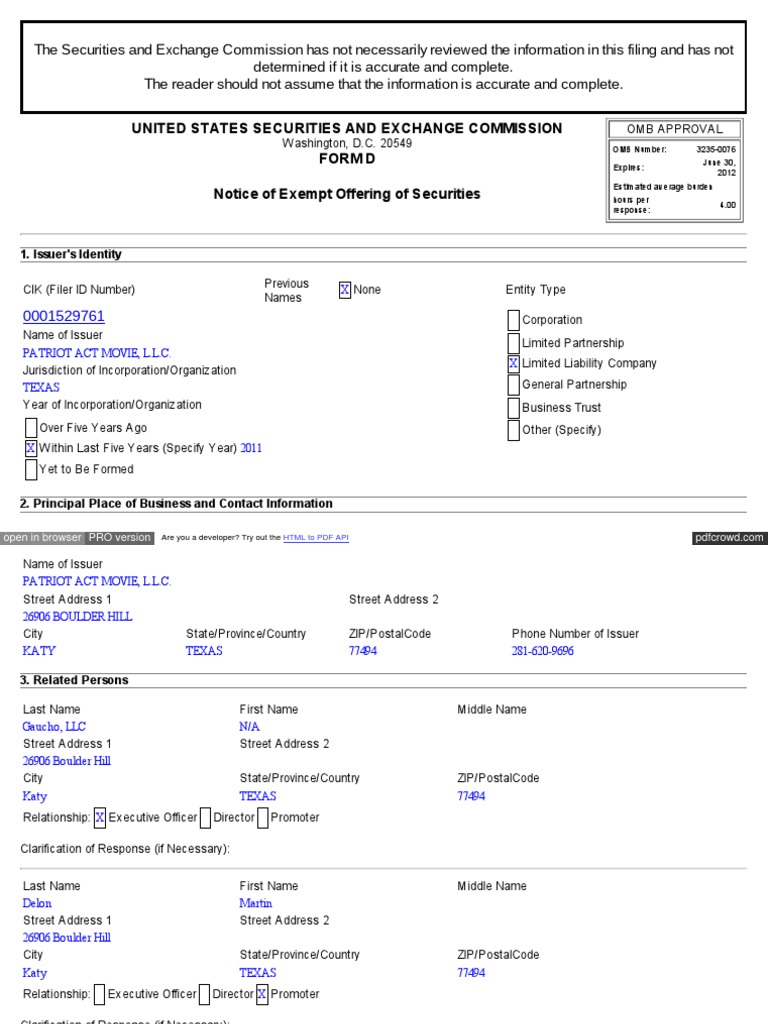 United States Securities and Exchange Commission Form D Notice of ...