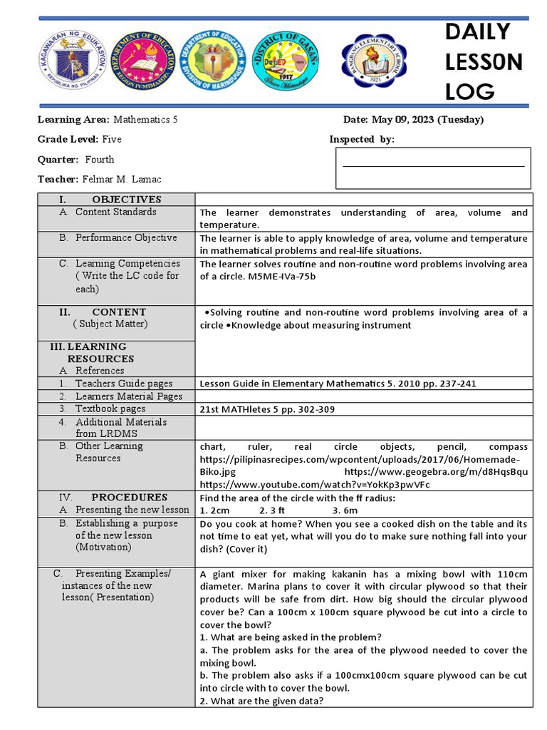 DLL Math5 May8-12,23 q4w2 | PDF | Learning | Area