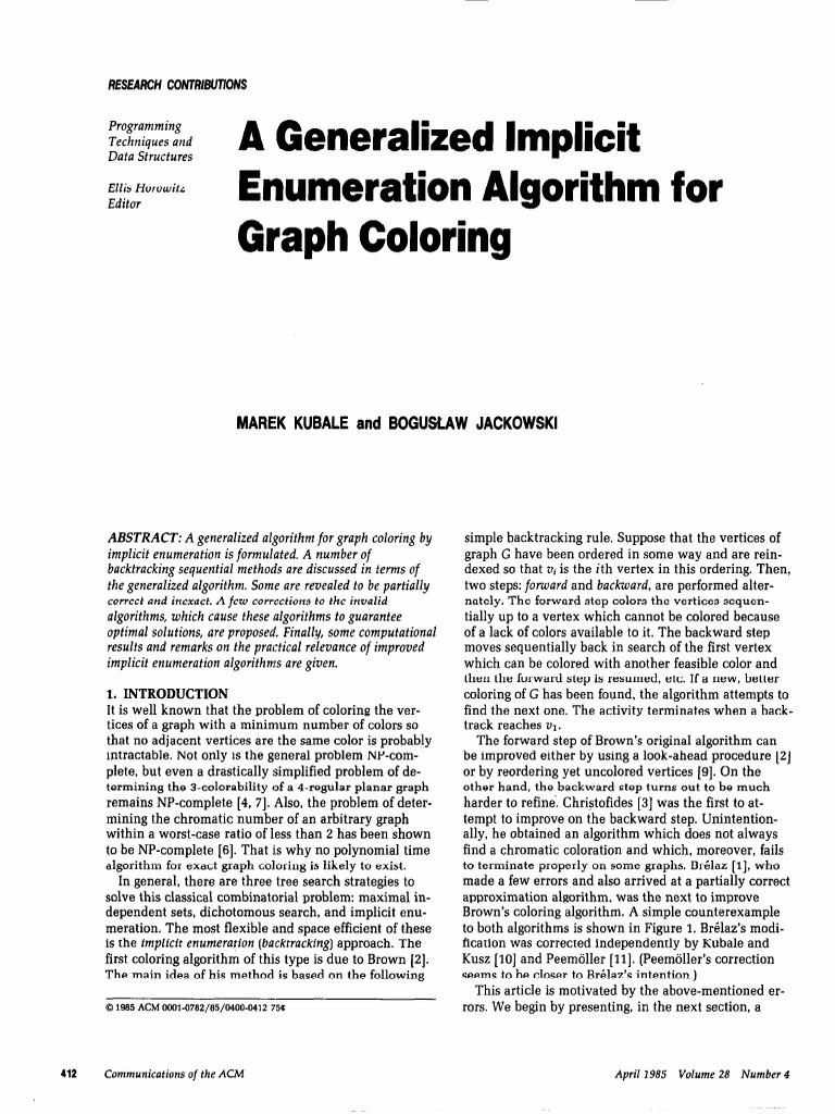A Generalized Implicit Graph Enumeration Algorithm For Graph Coloring 1982 Pdf Graph Theory
