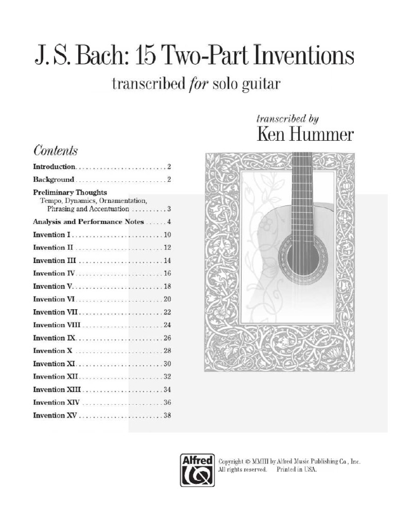 J S Bach 15 Two Part Inventions Transcribed For Solo Guitar Alfred39s ...