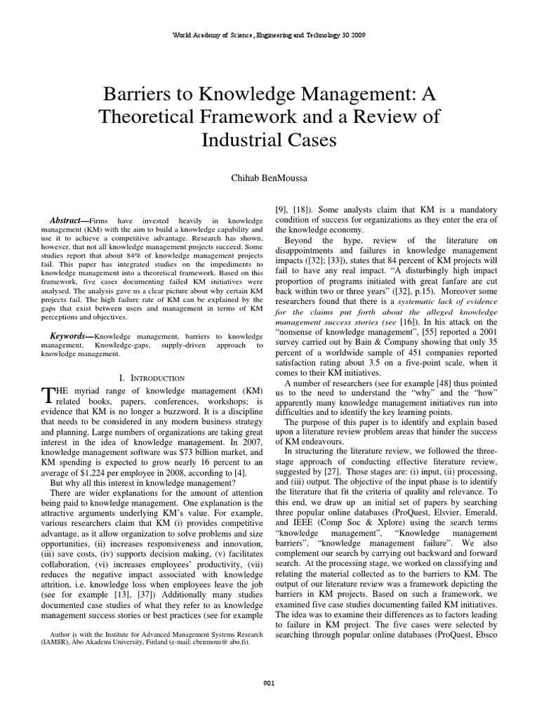 Barriers To Knowledge Management - A Theoretical Framework and A Review ...