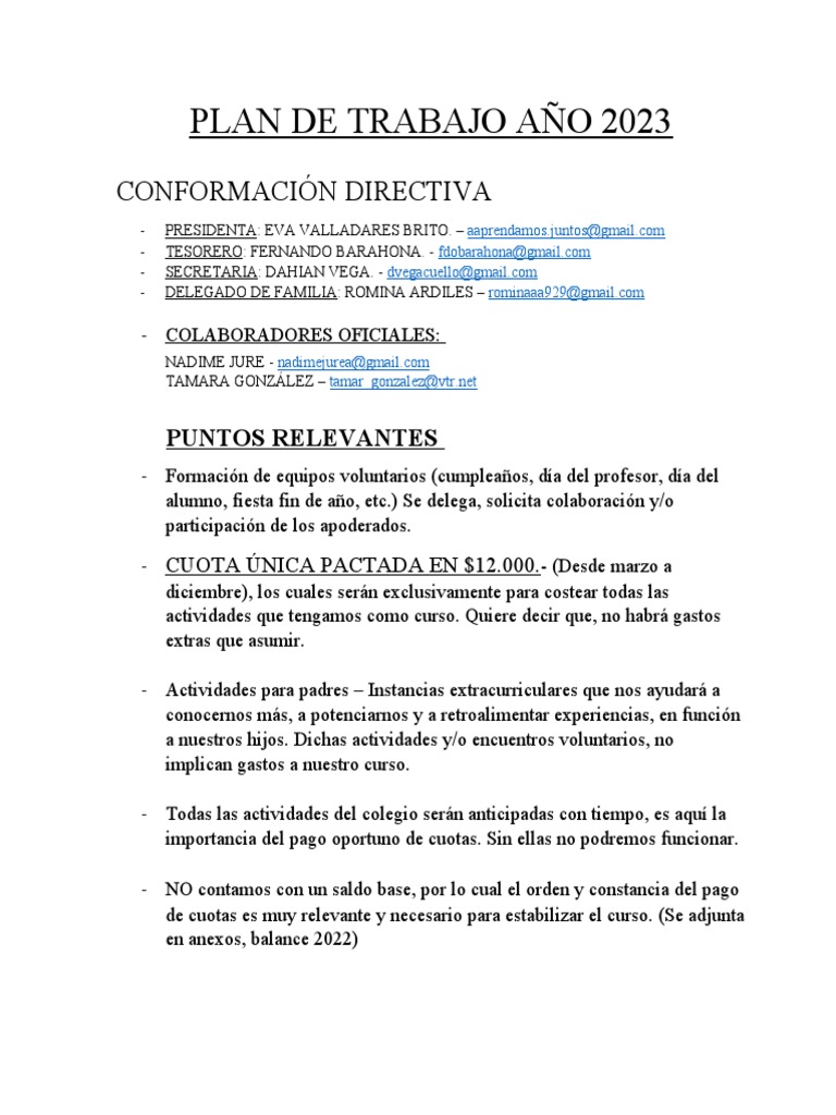 Plan de Trabajo Año Directiva 2023 | PDF | Crecimiento personal y profesional | Ciencias sociales