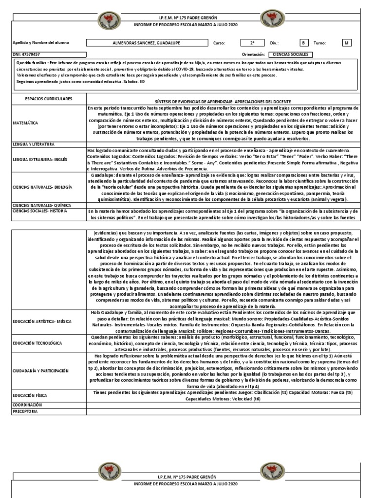 Informe Escolar: Progreso 2020 | PDF | Aprendizaje | Nómada