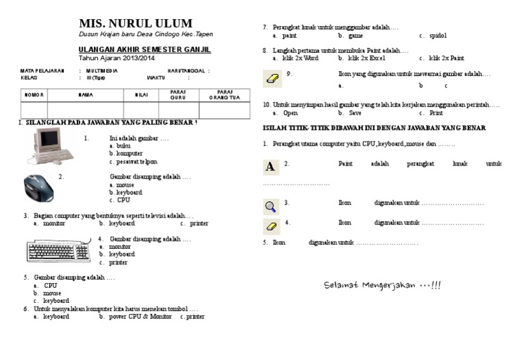 Soal Uas Tik Kelas 3 Mid Semester 2 Ms Paint | PDF