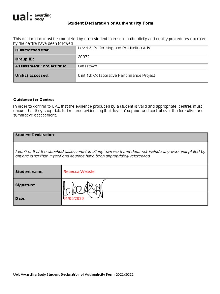 Student Authenticity Declaration Form | PDF