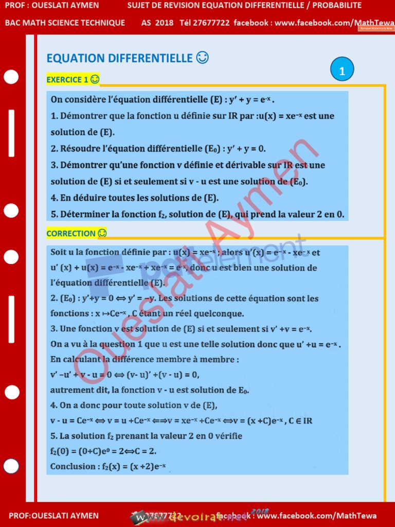 Série Corrigée de Révision N°1 - Math - Equation Differentielle - Probabilité - Bac ...