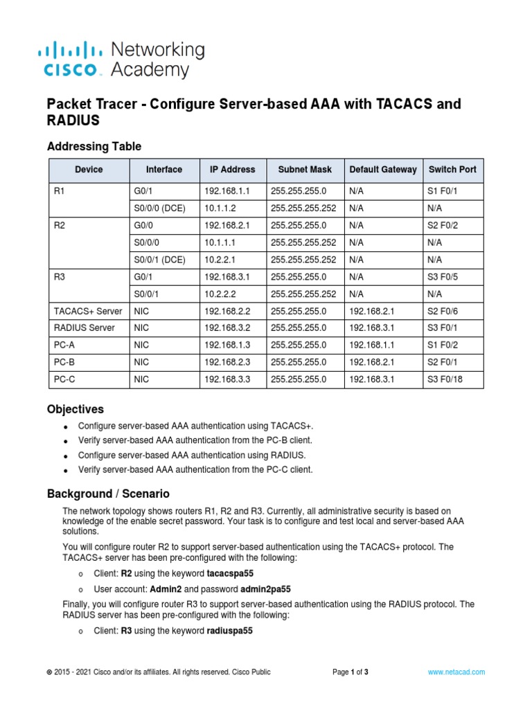 7 4 9 Packet Tracer Configure Server Based Aaa With Tacacs And Radius