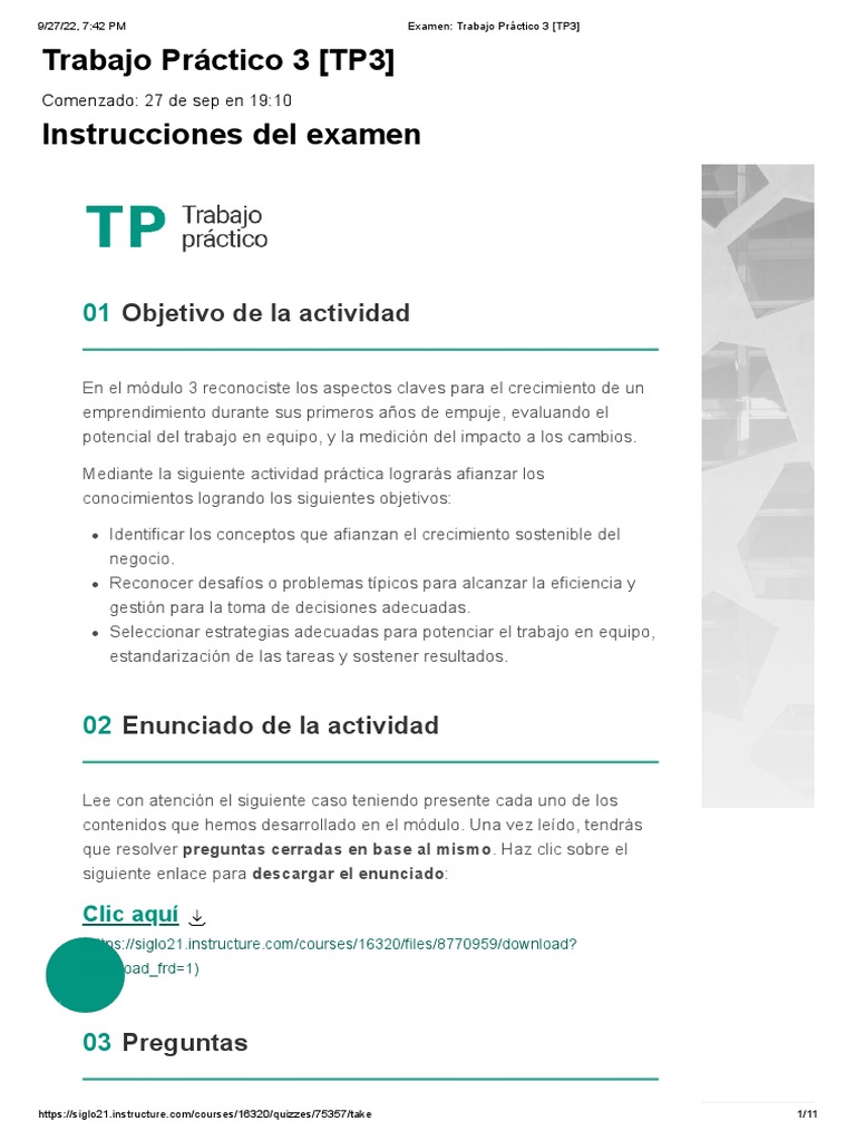 Examen - Trabajo Práctico 3 (TP3) Desarrollo Emprendedor | Descargar gratis PDF | Iniciativa ...