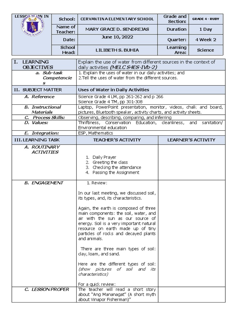 Grade 4 Science Lesson Plan: Water Uses | PDF | Adverb | Adjective