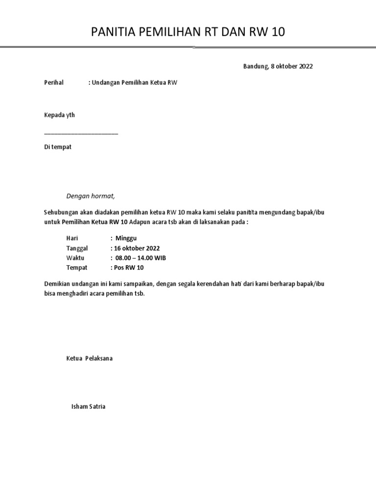 Undangan Pemilihan Ketua RW 10 | PDF | Memasak, Makanan, & Anggur | Hukum