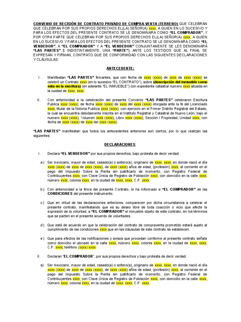 Machote Convenio Resicion de Contrato Privado de Compraventa (Terreno) | PDF | Consentimiento ...